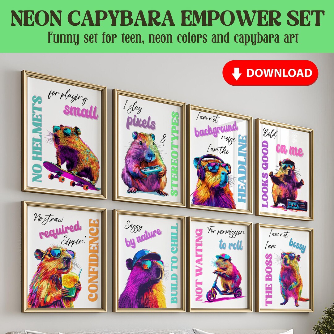 Bold Funny Teen Empower Capybara Wall Art Set of 8, Silly Pink Capybara ...