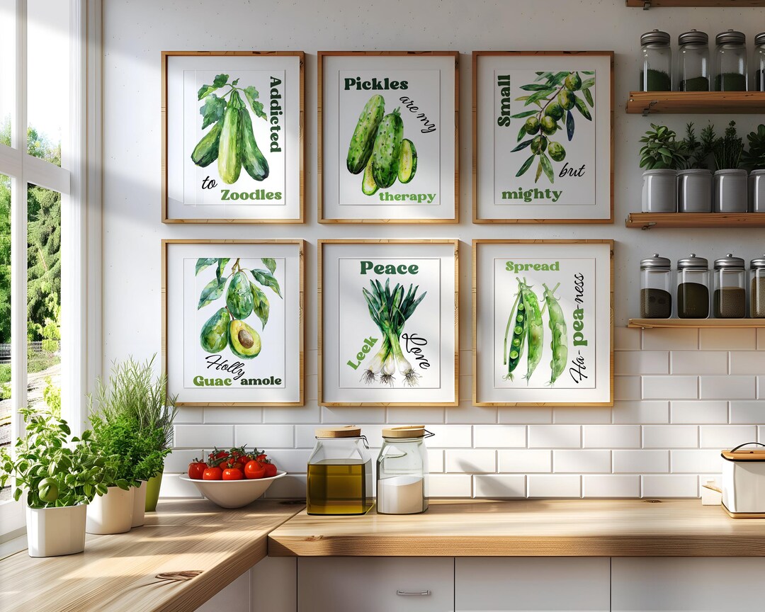 Watercolor Vegetables GREEN Wall Art Bundle, Olive Avocado Pickles Peas ...