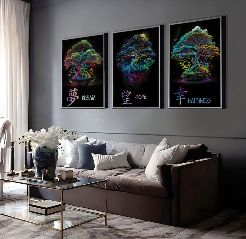 Japanese Kanji Neon Bonsai Tree Print Set of 3 Japan Calligraphy Kanji ...
