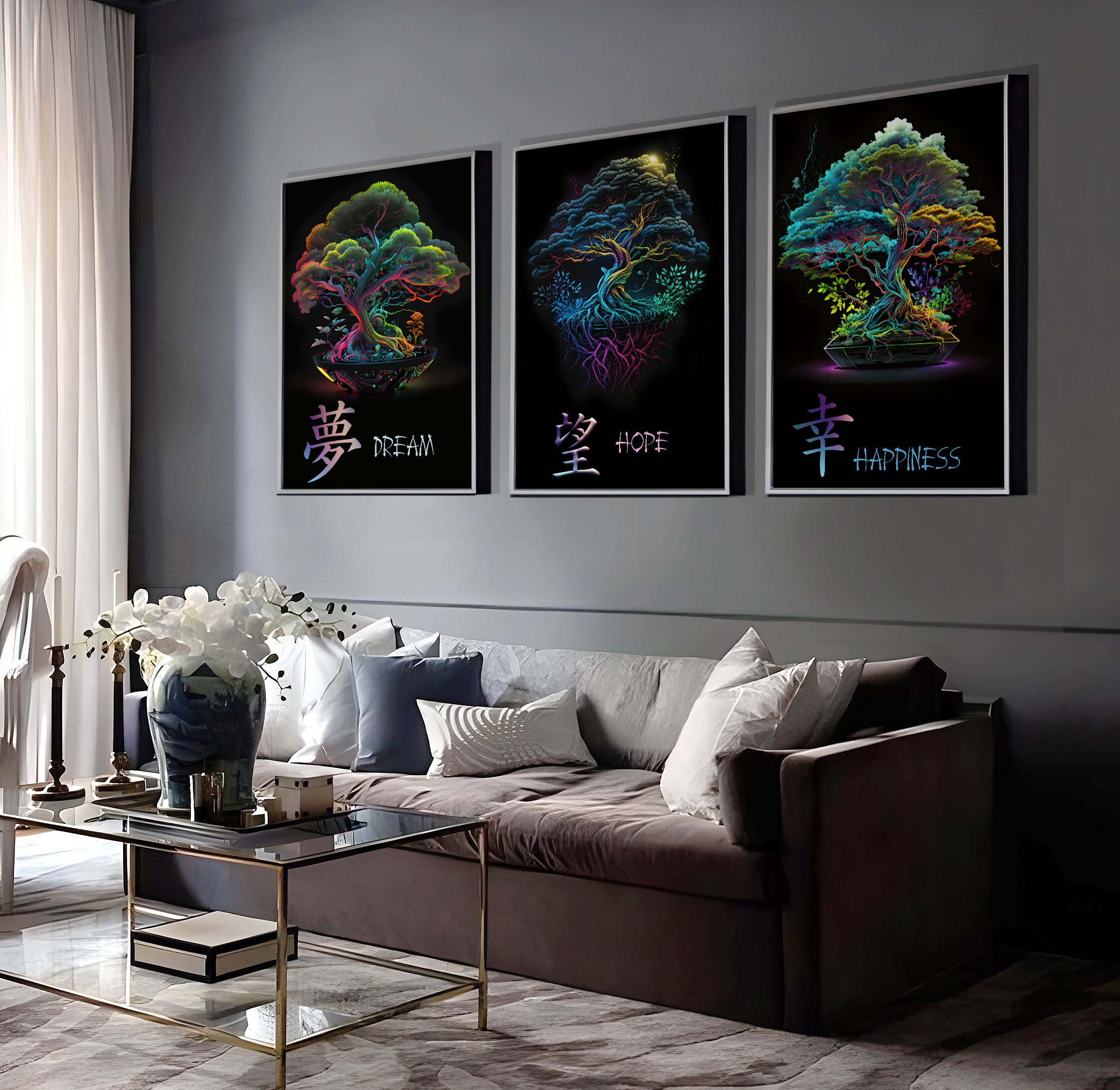 Japanese Kanji Neon Bonsai Tree Print Set of 3 Japan Calligraphy Kanji ...