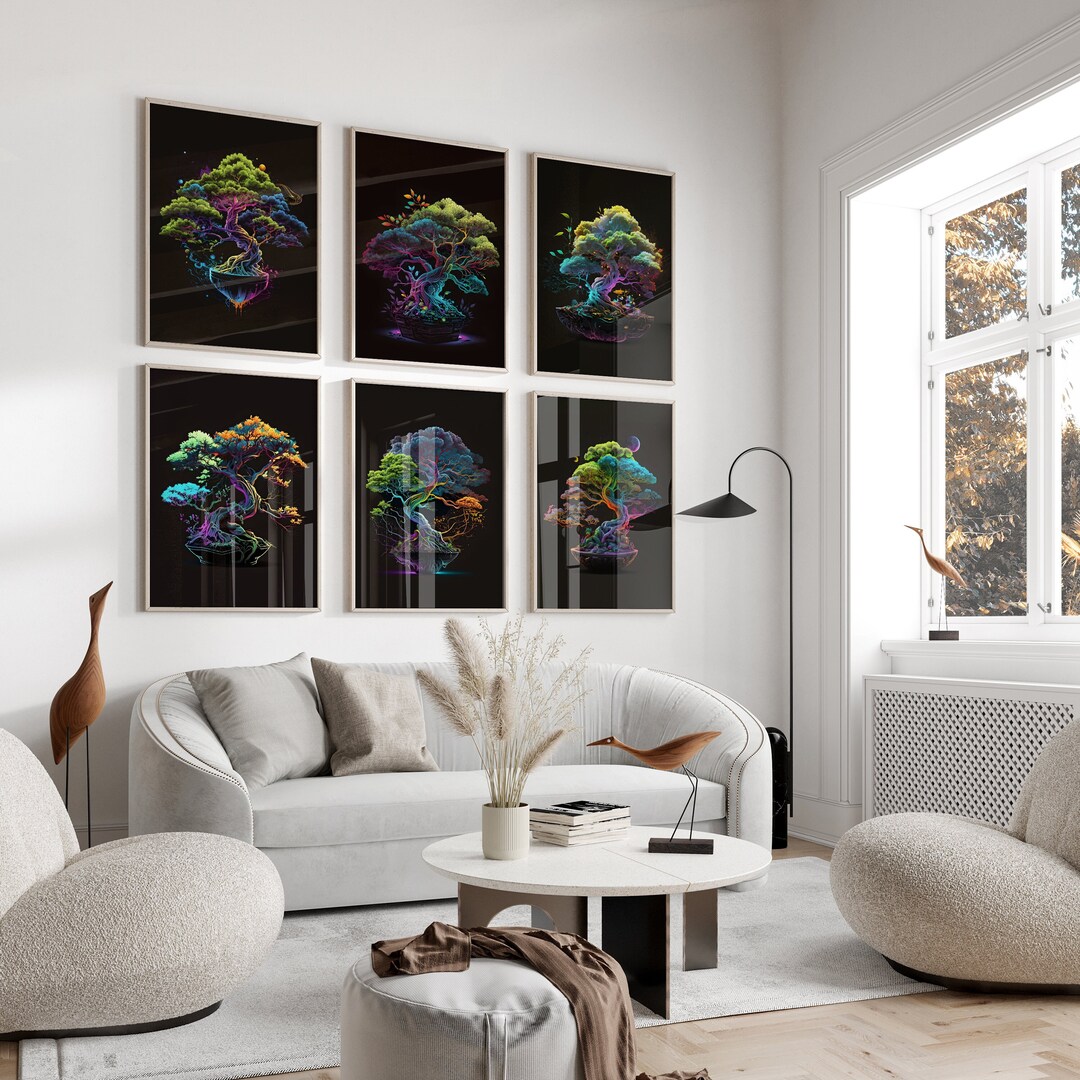 Dark Bonsai Tree Wall Art Set of 6 Colorful Bonsai Print Set of Six ...
