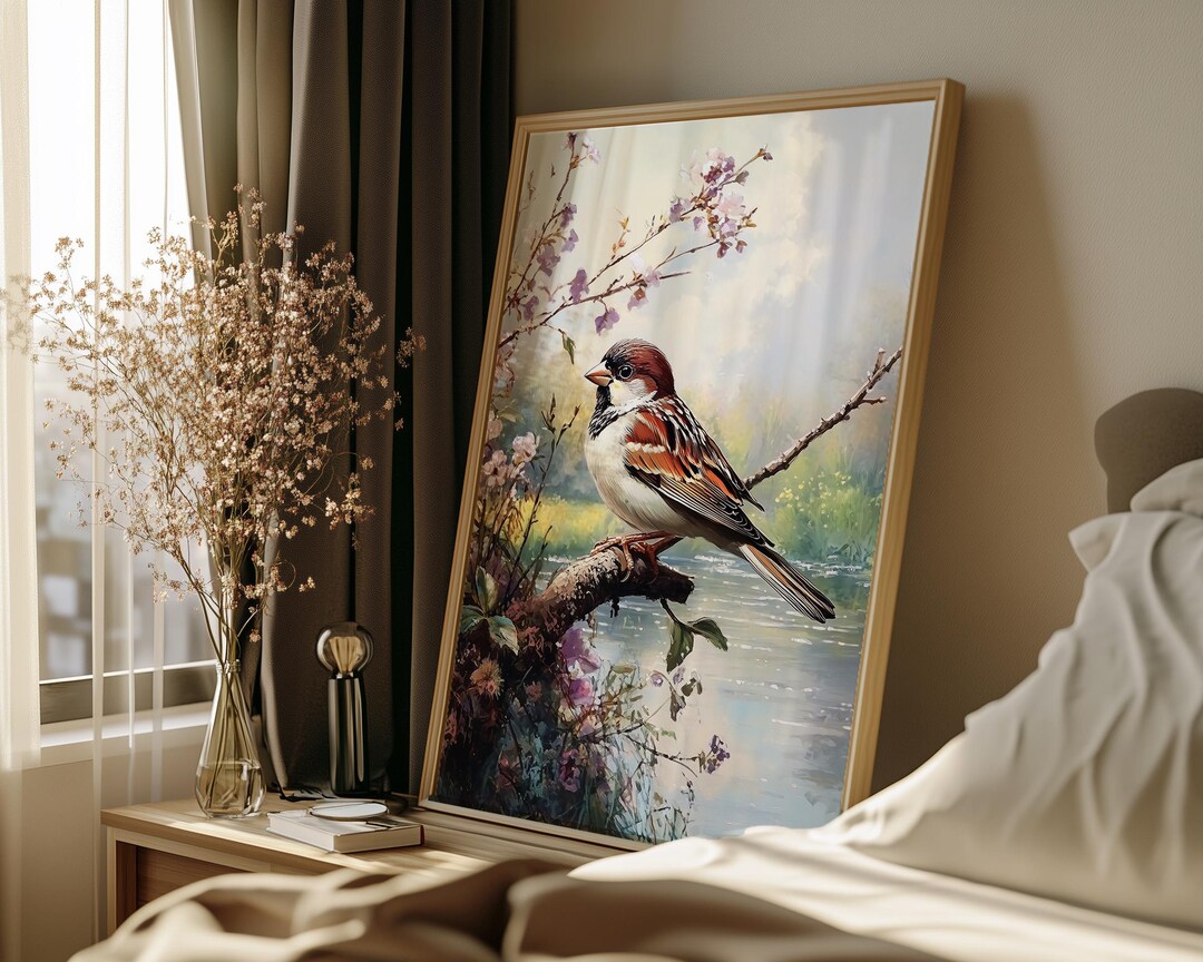 Vintage Sparrow on Cherry Blossom Wall Art, Sparrow Wall Decor, Moody Retro Blooming Branch ...