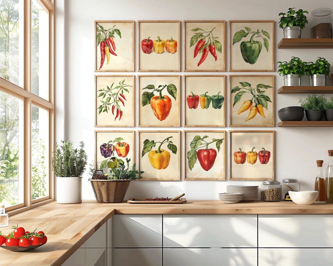 Vintage Peppers Wall Art Set of 12, Green Red Yellow Orange Peppers ...