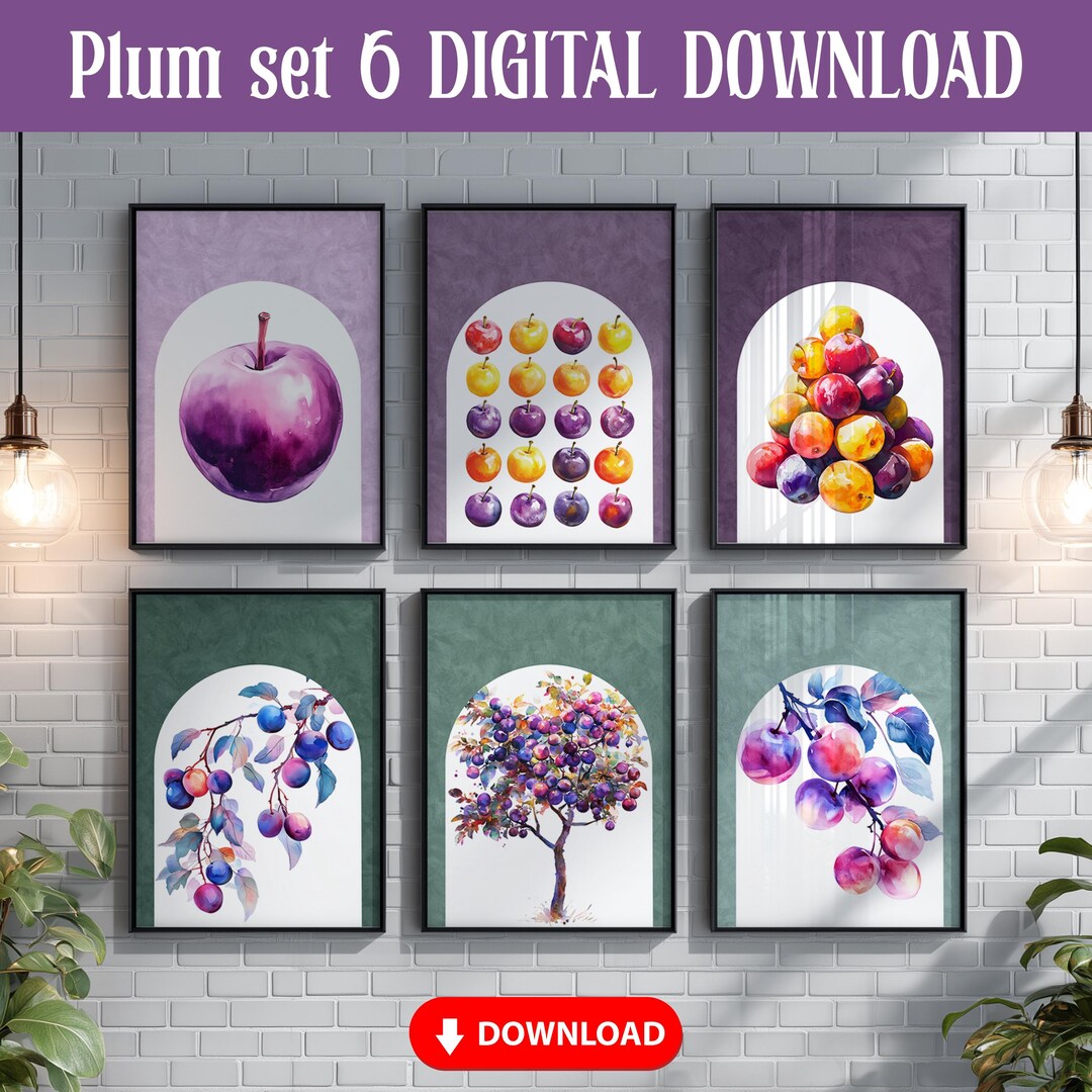 Watercolor Plum Art Print Set of 6, Plum Wall Art Set of Six, Fruit ...