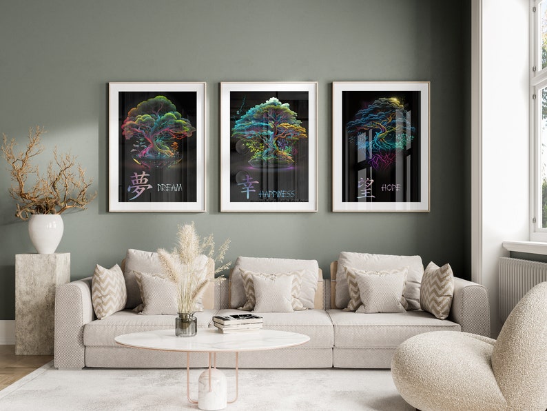 Japanese Kanji Neon Bonsai Tree Print Set of 3 Japan Calligraphy Kanji ...