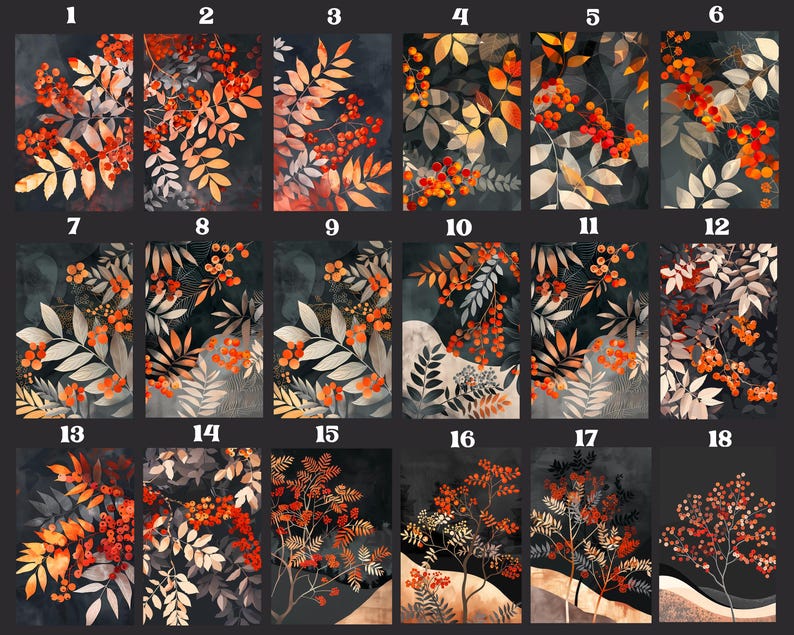 Mountain Ash Rowan Branches Wall Art Set, Modern Abstract Black Rust ...