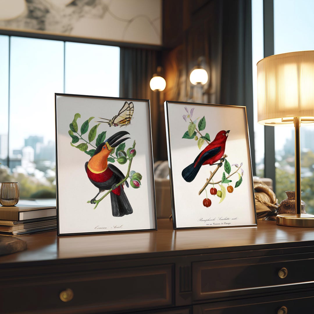 Botanical Birds Vintage Print – Burgundy Exotic Birds Illustration ...