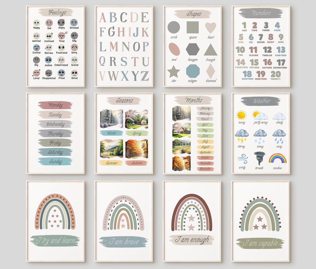 Pastel Rainbow Preschool Weather Wall Art, Alphabet Numbers Feelings ...