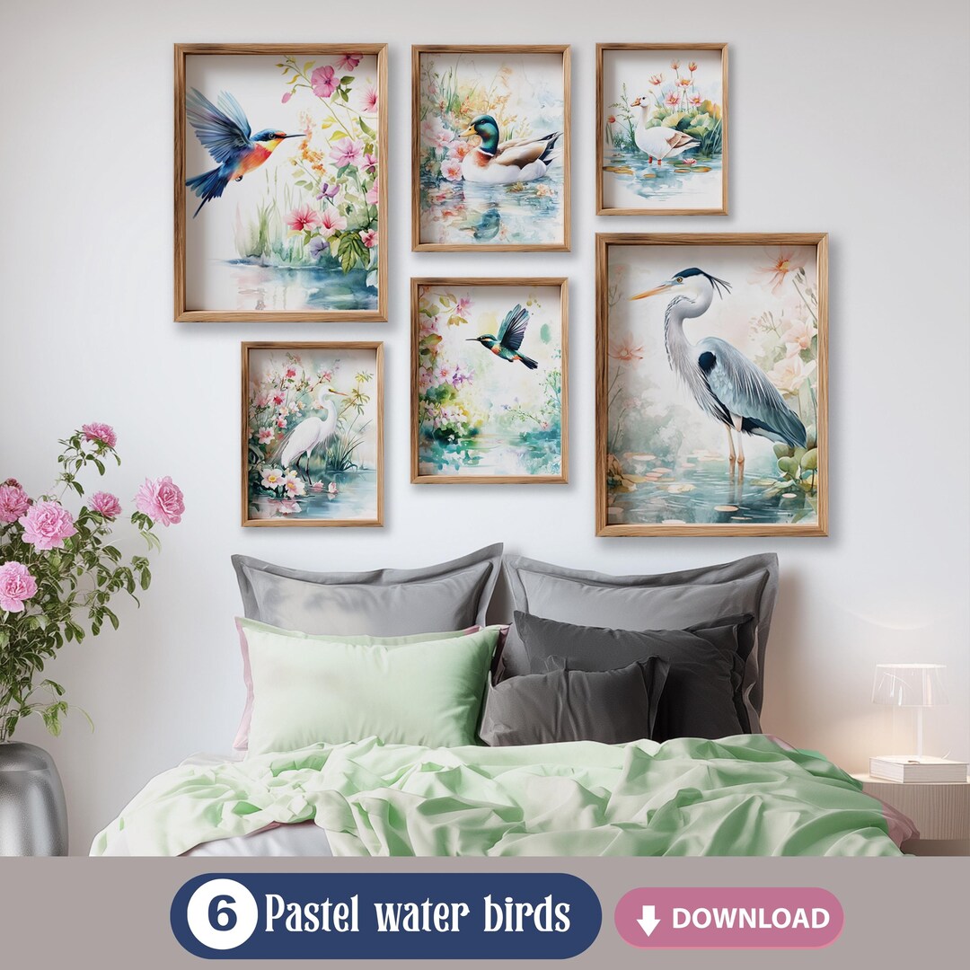 Watercolor Pastel Pond Wall Art Set – Hummingbird, Duck, Great Heron ...