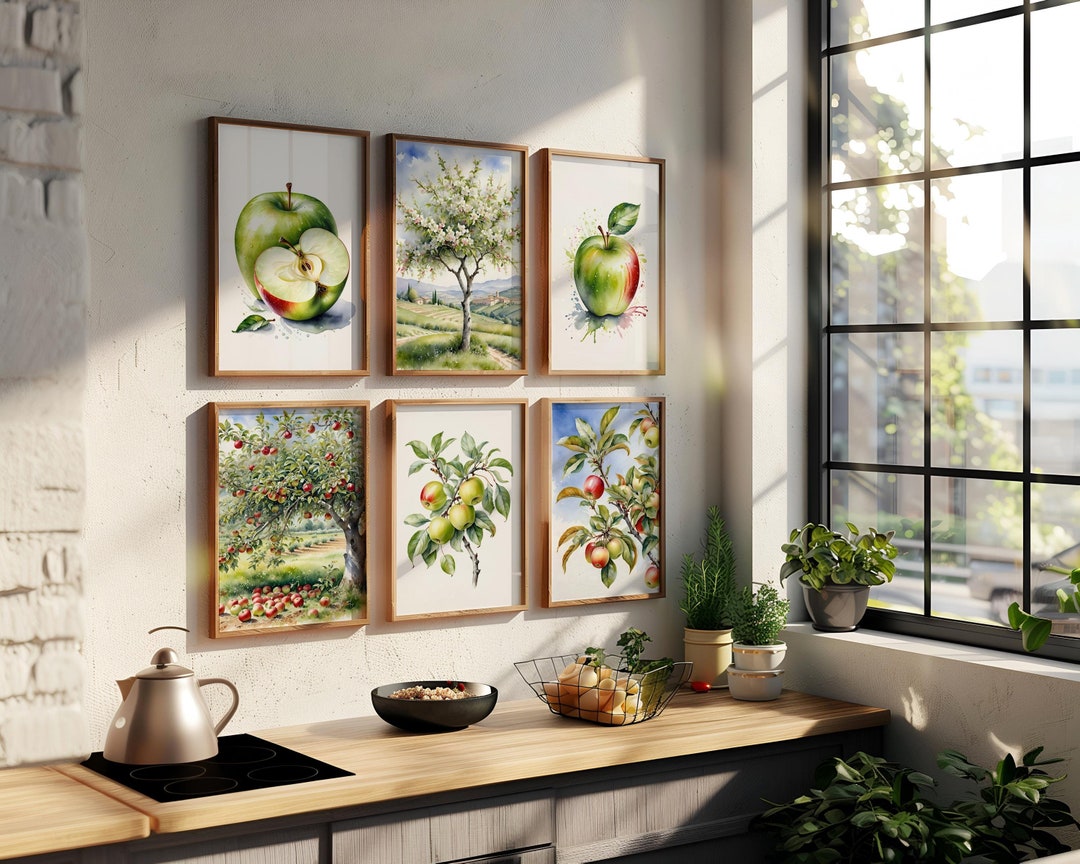 Watercolor Apple Tree Art Set of 6 Prints, Big Apple Wall Art Set of ...