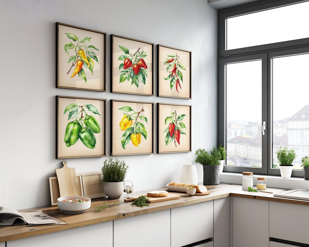 Watercolor Peppers Wall Art Set of 6, Green Red Yellow Vegan Kitchen ...
