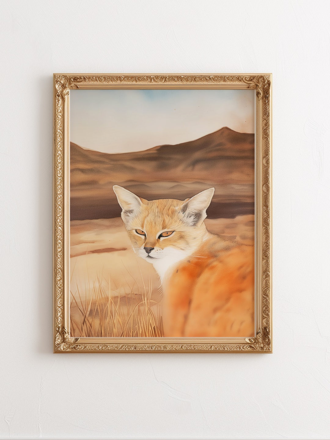 Sand Cat Sahara Desert Landscape Watercolor Painting Digital Print ...