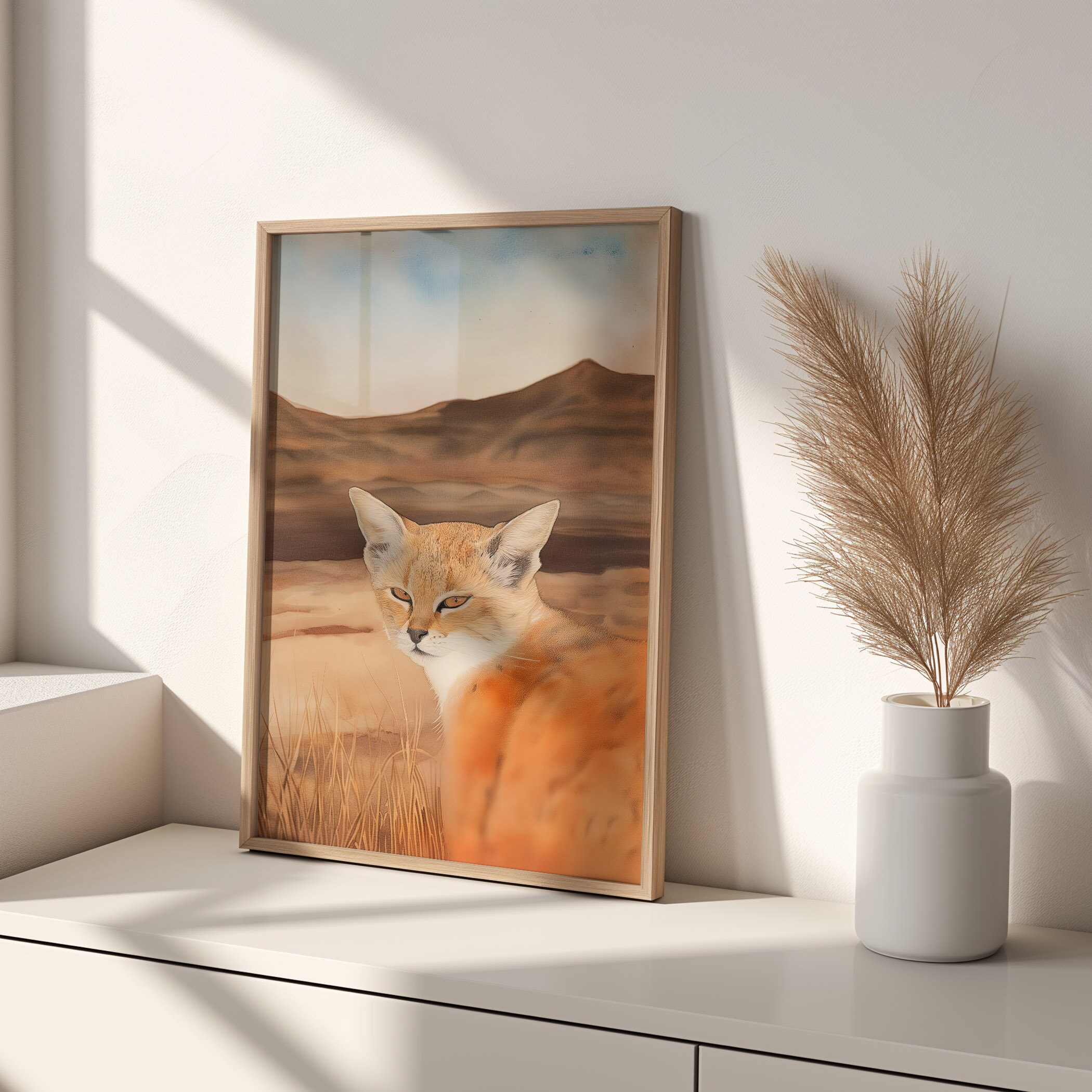 Sand Cat Sahara Desert Landscape Watercolor Painting Digital Print ...