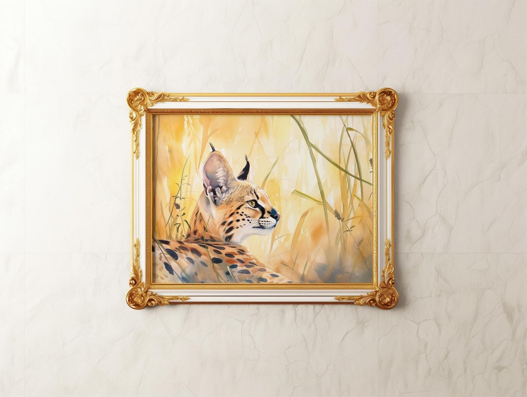 Serval Cat Savanna Landscape Original Watercolor Painting Printable Art ...
