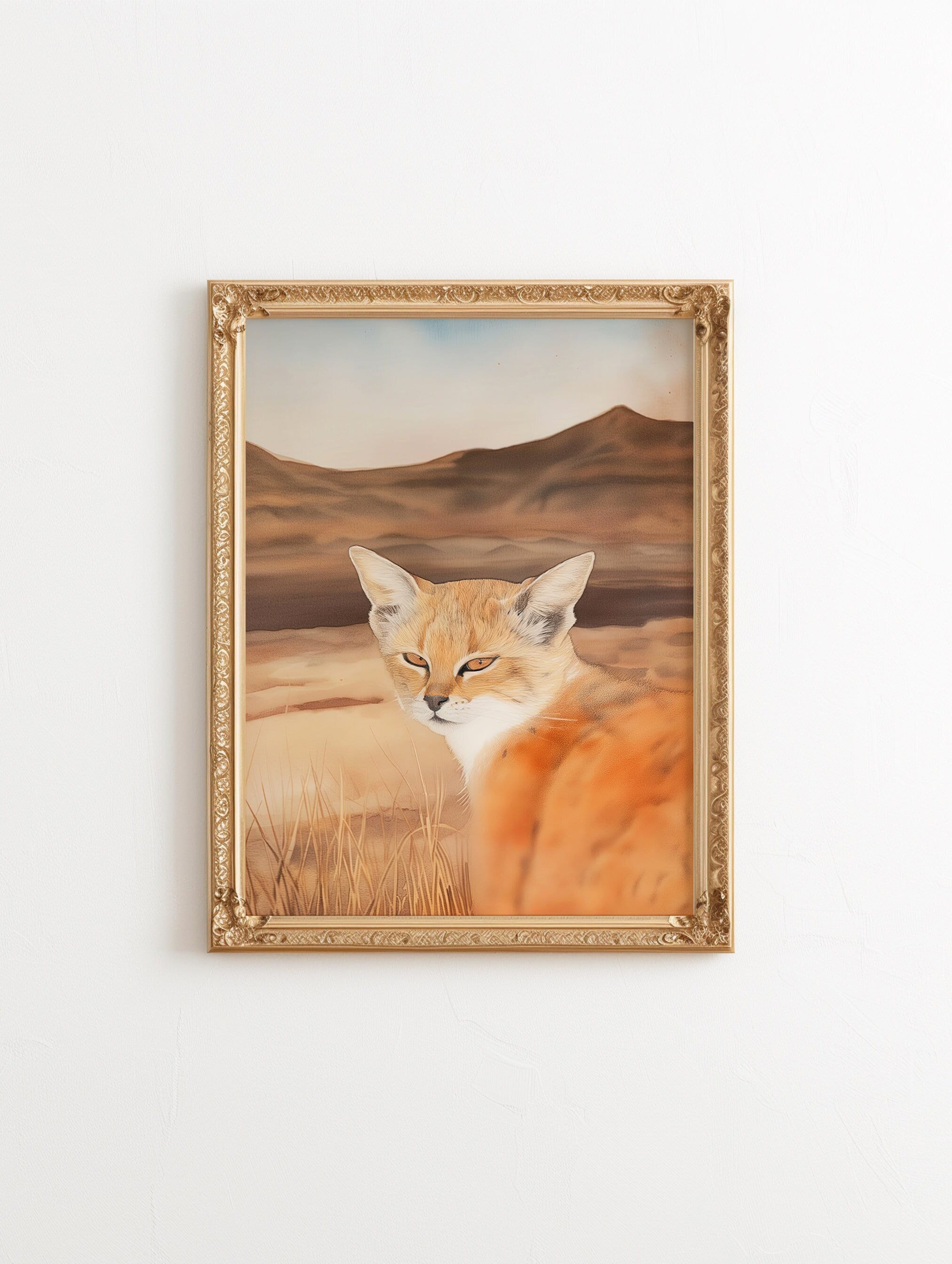 Sand Cat Sahara Desert Landscape Watercolor Painting Digital Print ...