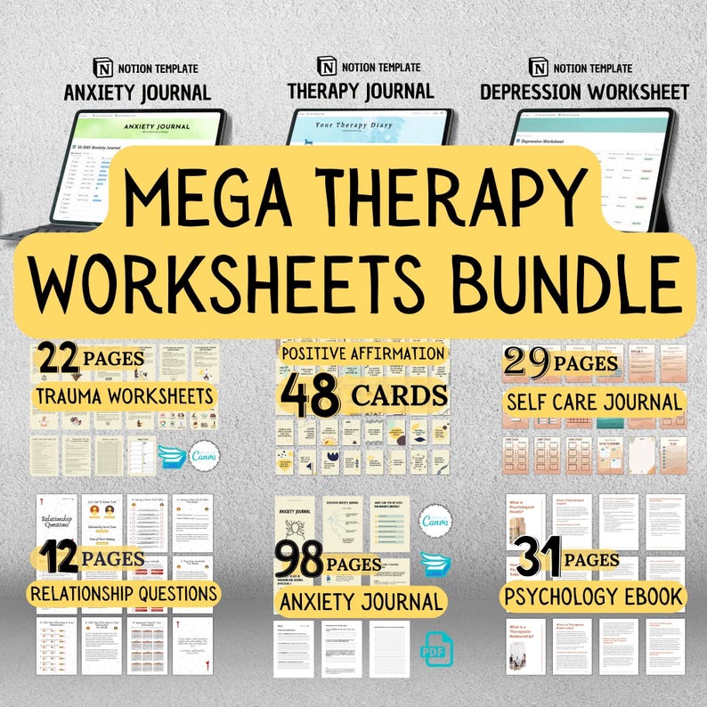 Mega Therapy Worksheets Bundle - Anxiety, Depression, Self-care ...