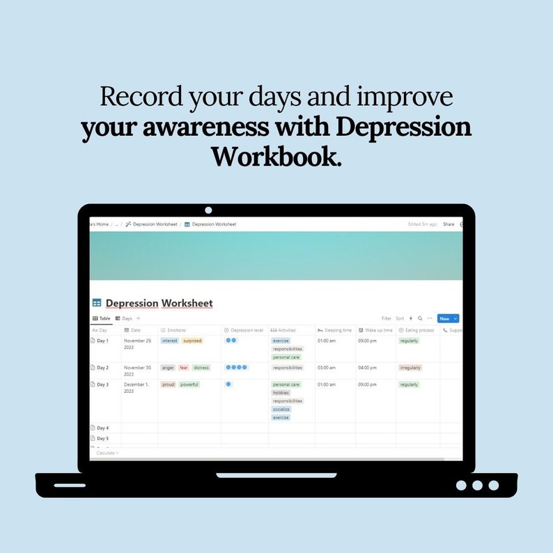 Notion Depression Worksheet - Mental Health Workbook - Depression ...