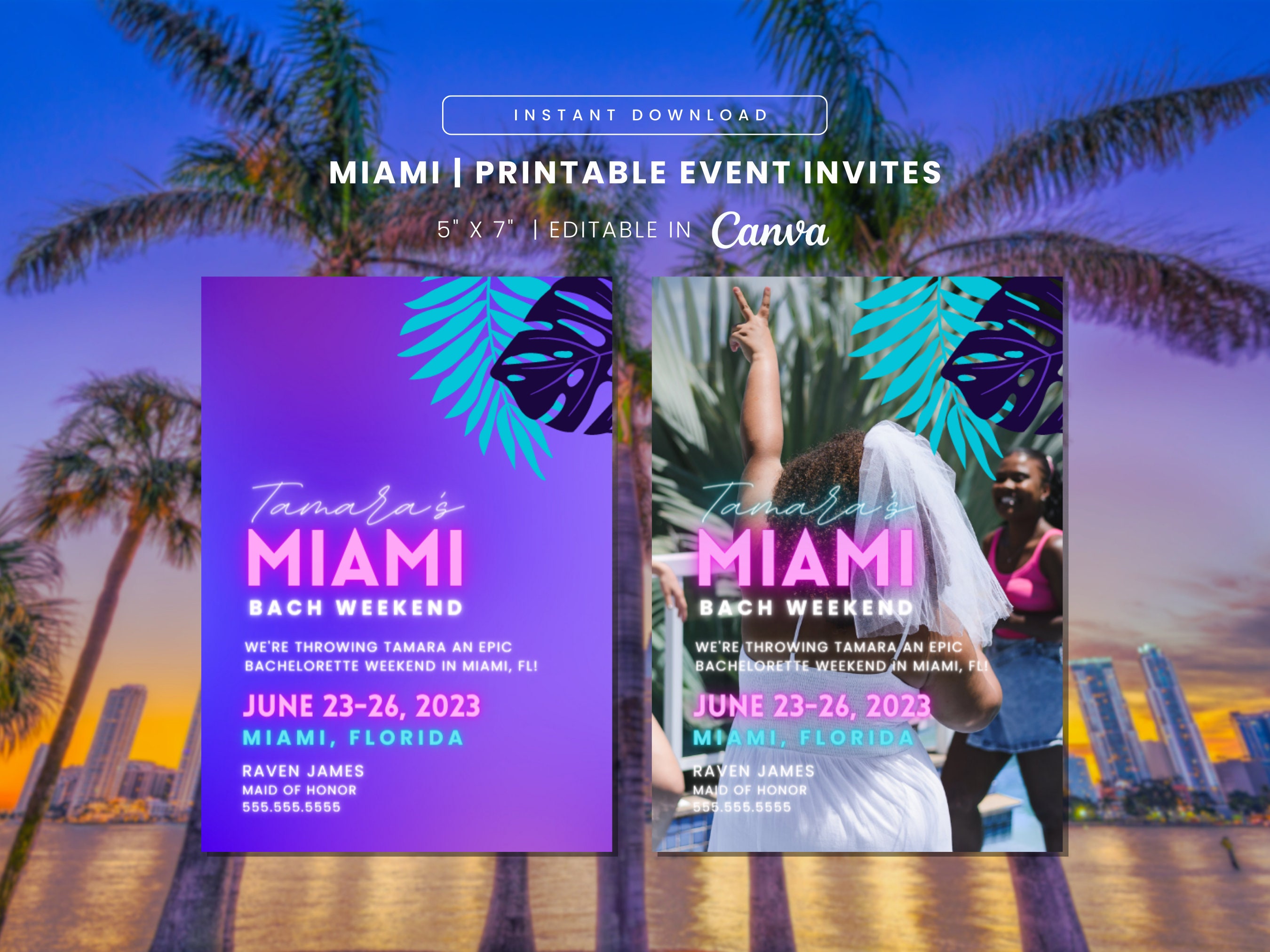 MIAMI | Printable Digital Invitation Template, 2 Styles, Instant ...
