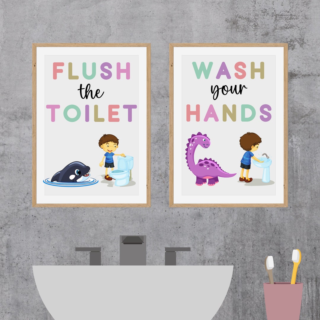 Bathroom Rules Wall Art Set, Kids Rainbow Bathroom Set Decor, Flush the ...