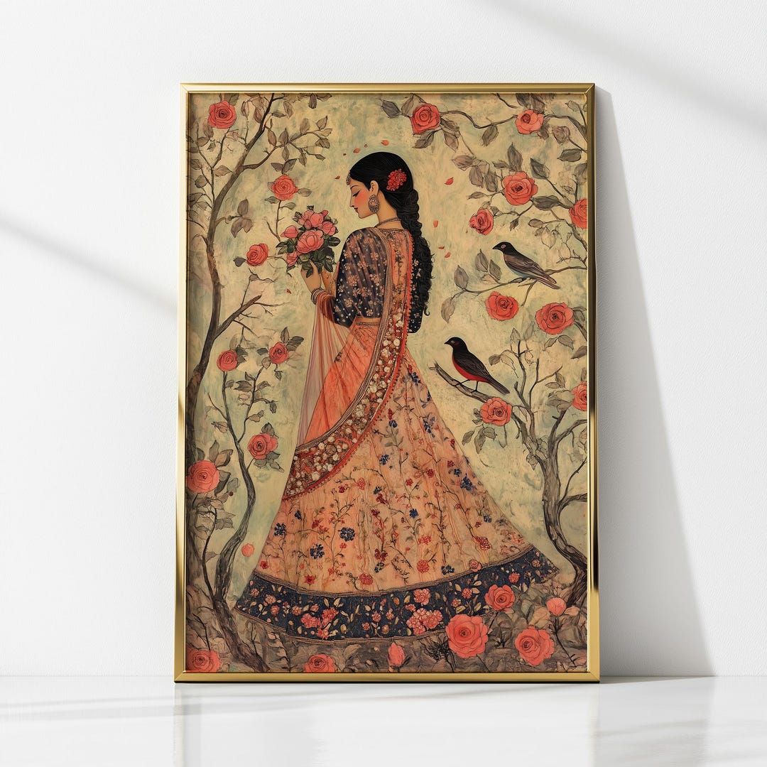 Indian Lady in Rose Garden, Mughal Inspired Wall Art Digital Download ...