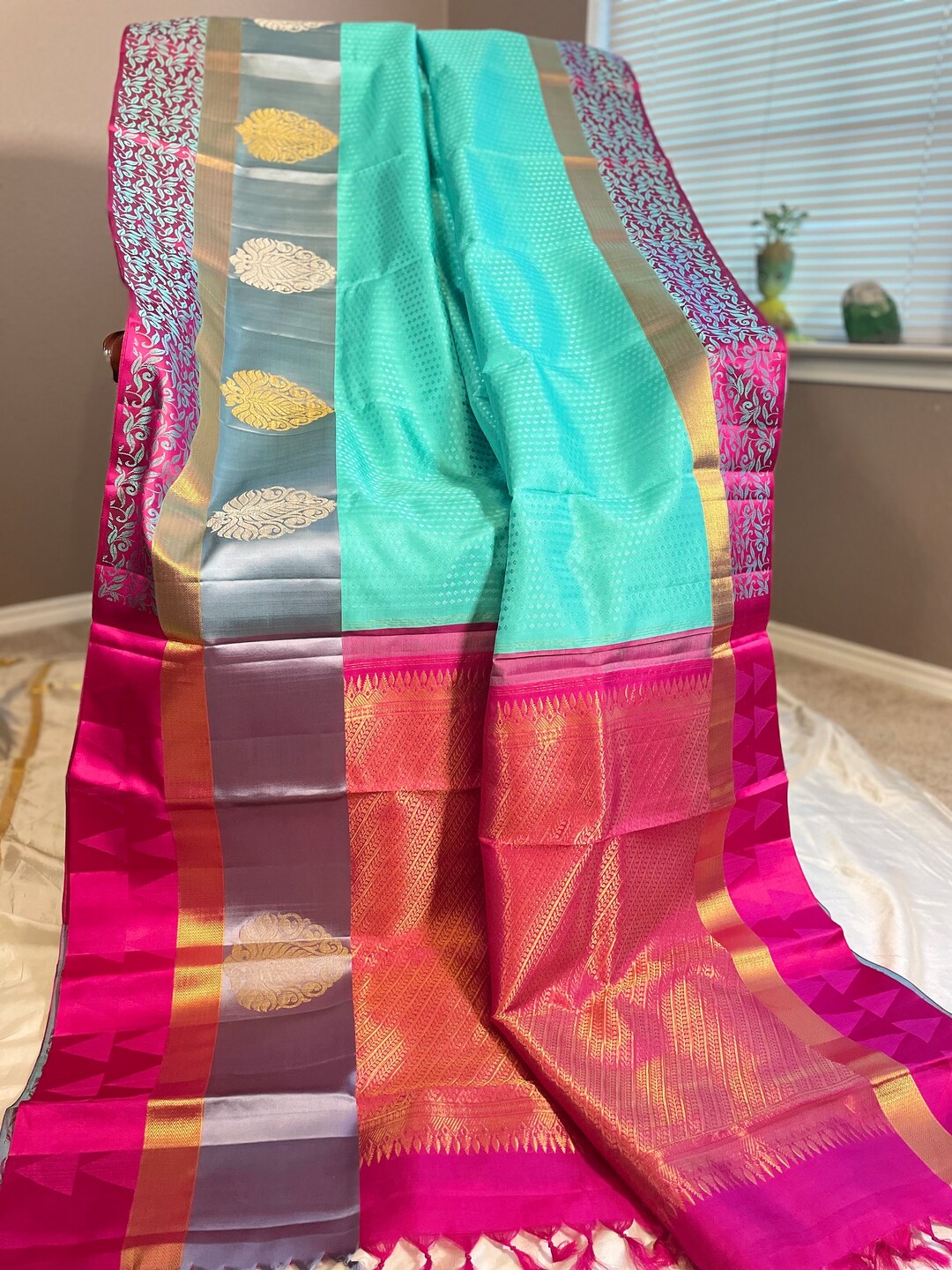 Ramar Blue Embossed Kanchipuram Pure Silk Saree - Etsy Canada