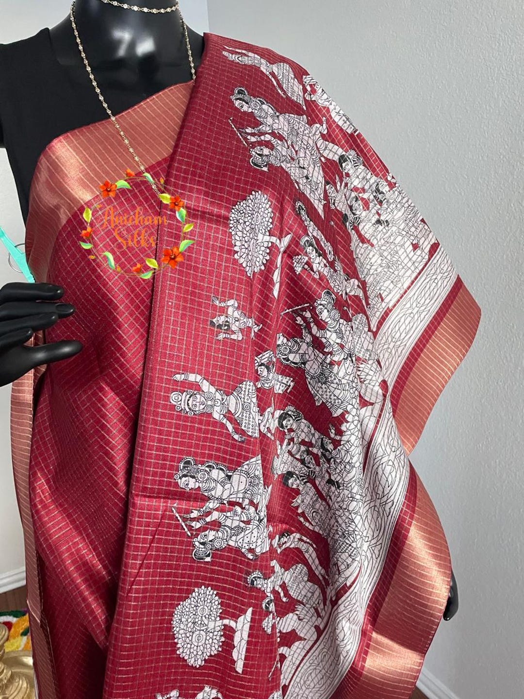 Maroon Checks Kalamkari Print Saree - Etsy
