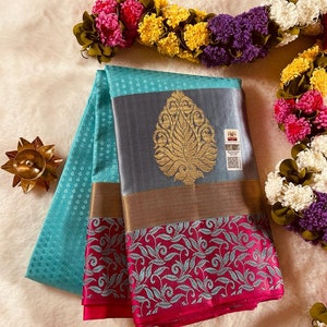 Ramar Blue Embossed Kanchipuram Pure Silk Saree - Etsy