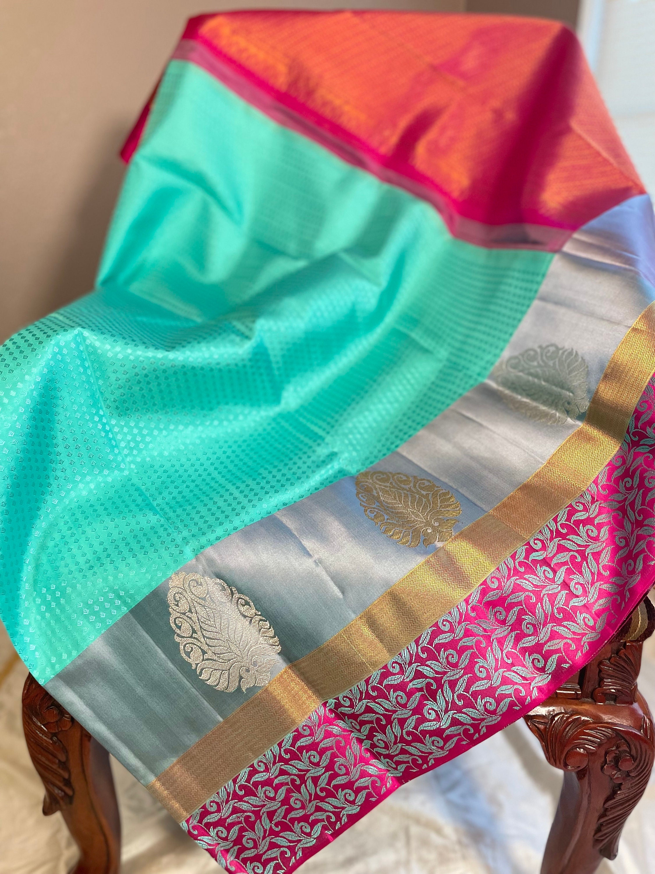 Ramar Blue Embossed Kanchipuram Pure Silk Saree - Etsy Canada