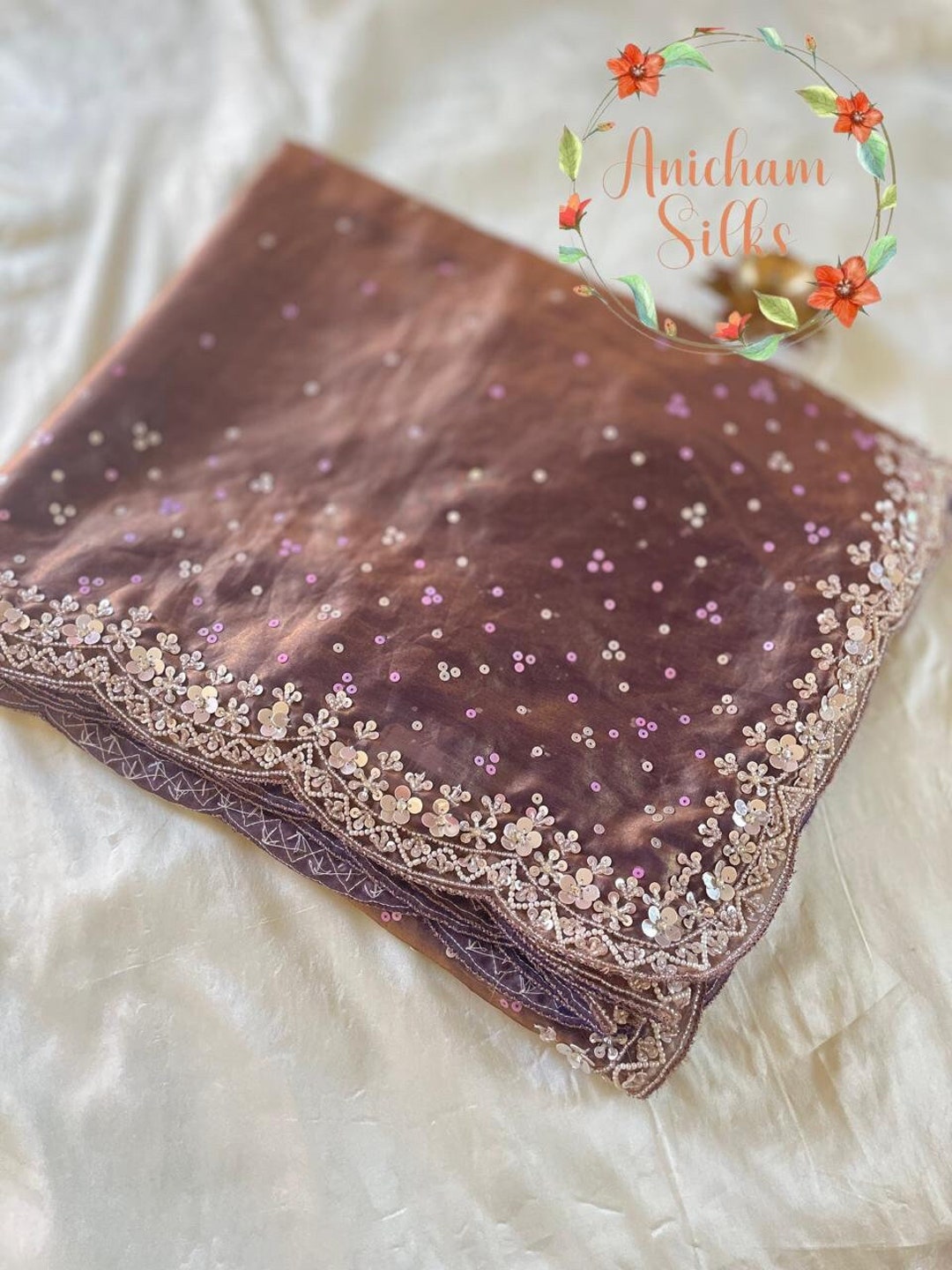 Dark Copper Dual Tone Pearl Work Saree - Etsy