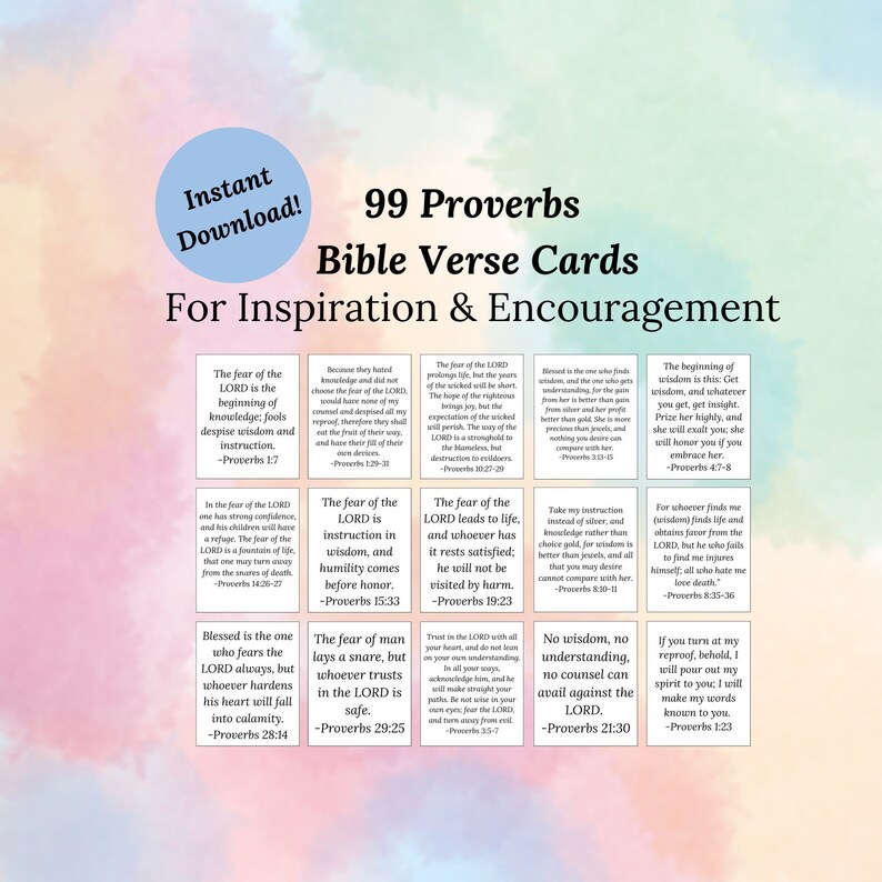 99 Proverbs Bible Verse Cards, Printable Prayer Cards, Inspirational ...