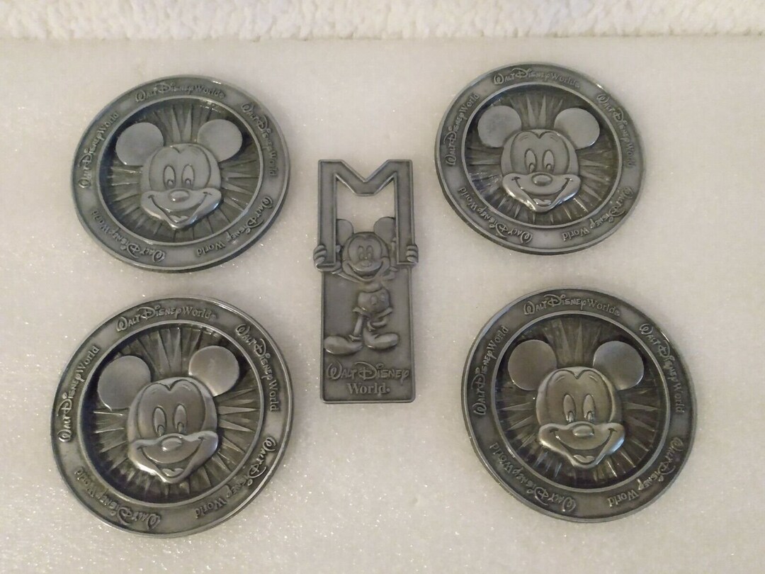 Vintage Mickey Mouse Walt Disney World 4 Pewter Metal Coasters Bottle ...