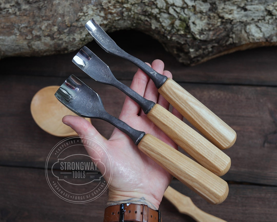 Hand Forged Bent Rounded Gouge Set (3pc) Forged Chisel, Bent Chisel, Woodcarving Chisels Spoon ...