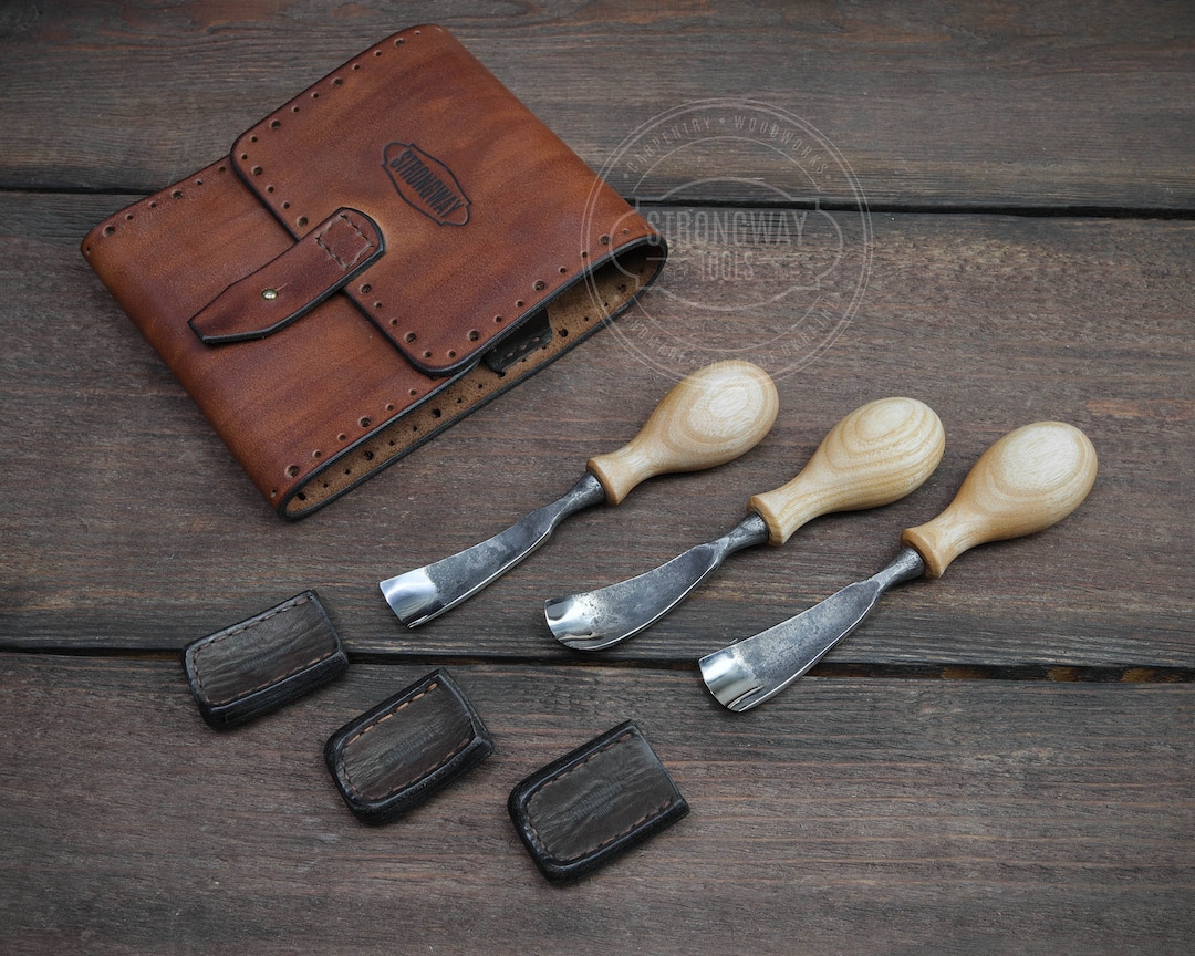 Hand Forged Curved Chisel Set: Ash Wood Handles, Leather Sheath - Etsy