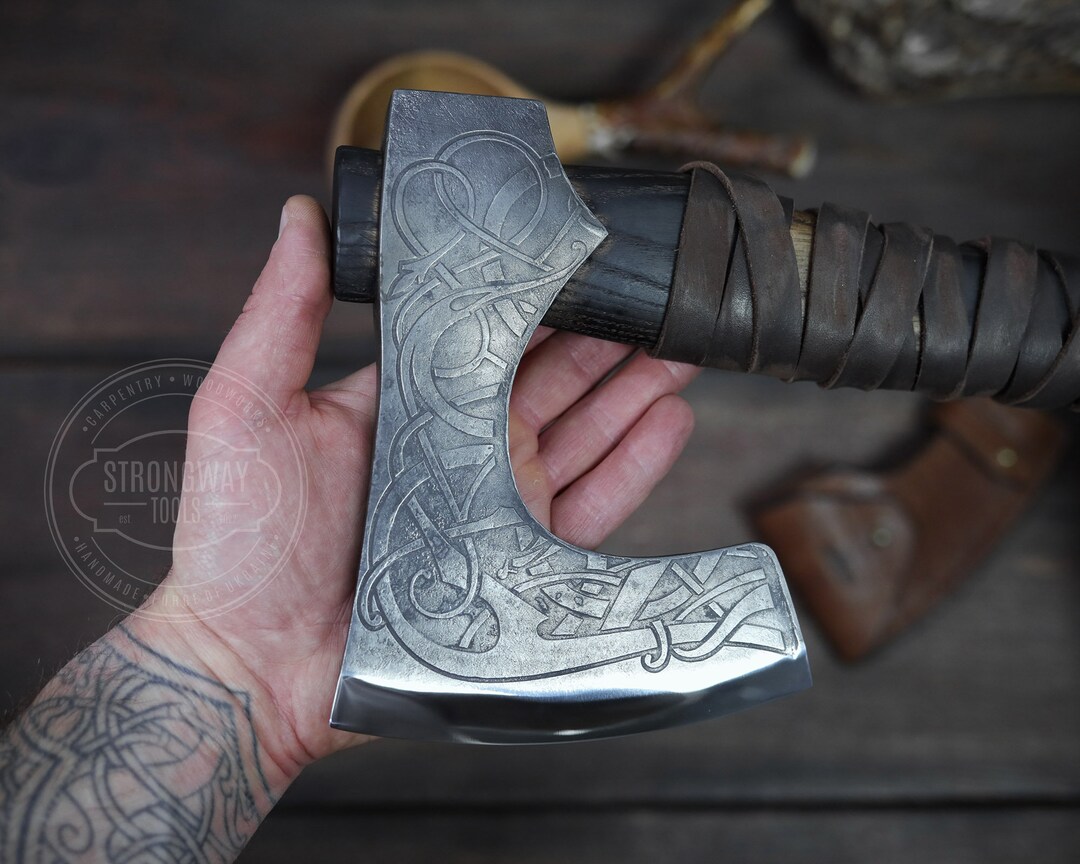 Hand Forged Viking Axe With Etched Head, Scandinavian Style Hatchet ...
