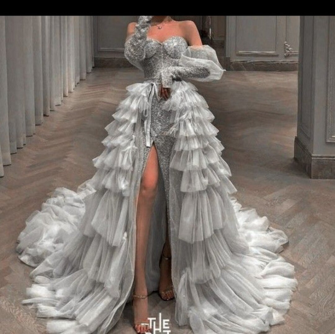 Silver Sequins Mermaid Prom Dress With Tulle Train Evening Dress Prom Dress Wedding Reception