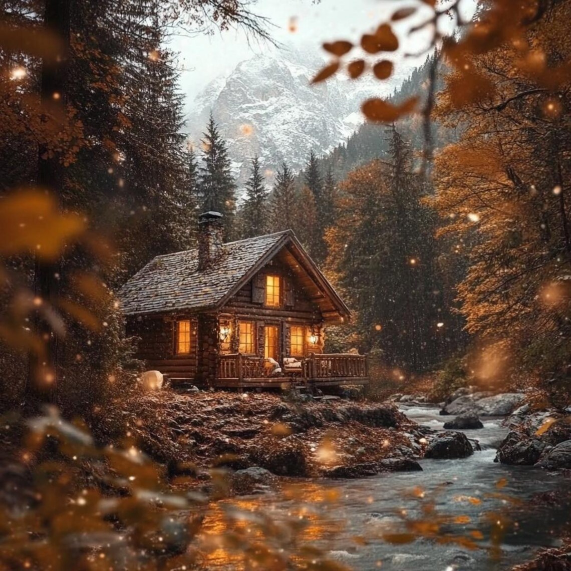 Enchanting Cabin in the Fall Forest, Cozy Winter Digital Print, Wall ...