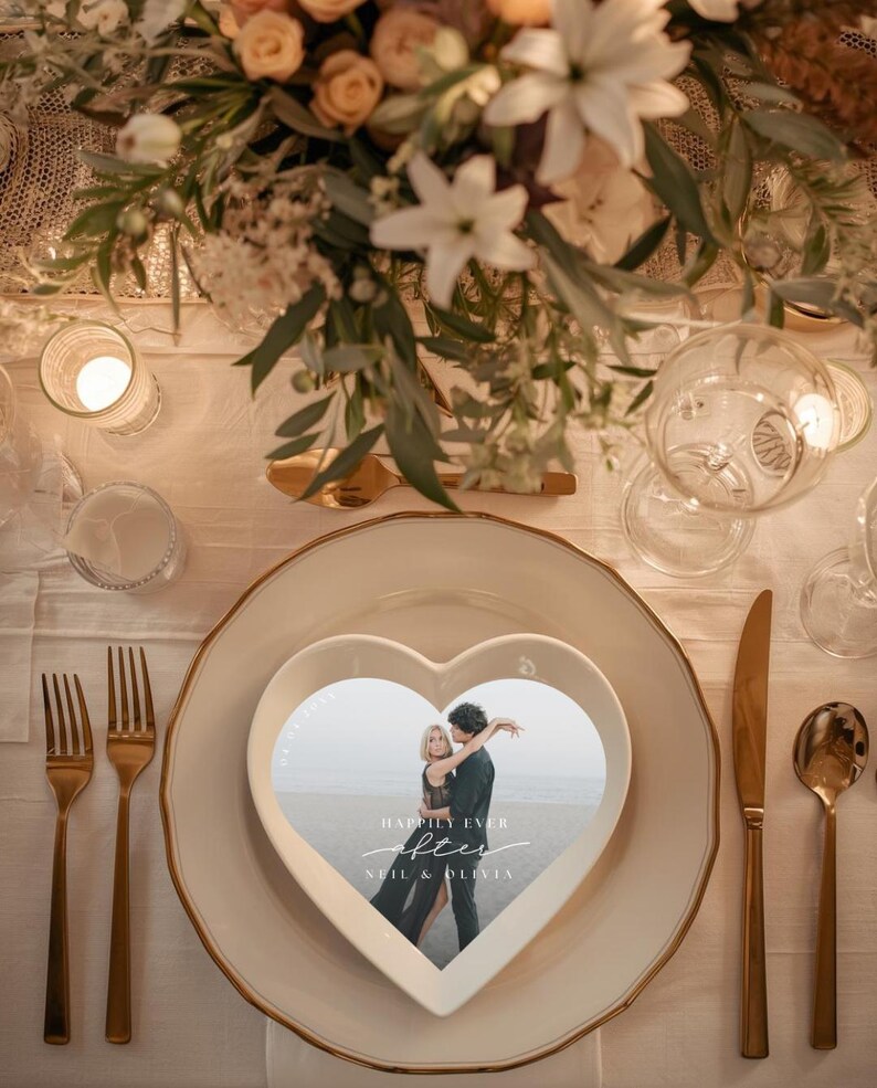 Personalized Photo Heart Charger Plate Menu | Custom Wedding Place ...