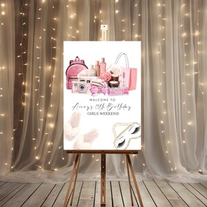 Chic Pink Birthday Weekend Welcome Sign - Girls Getaway, Spa Day ...