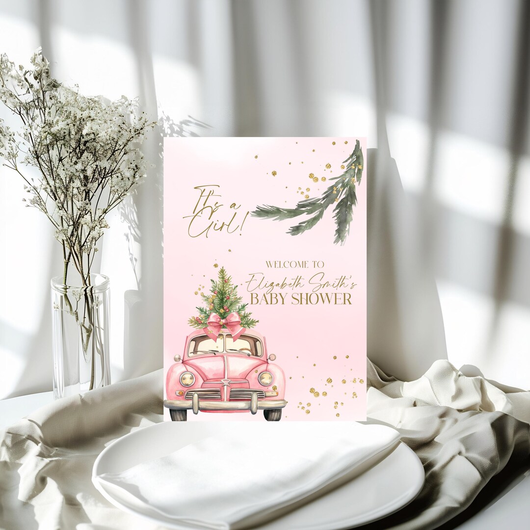Editable Pink Christmas Car Welcome Sign | Holiday Pink Party Sign ...
