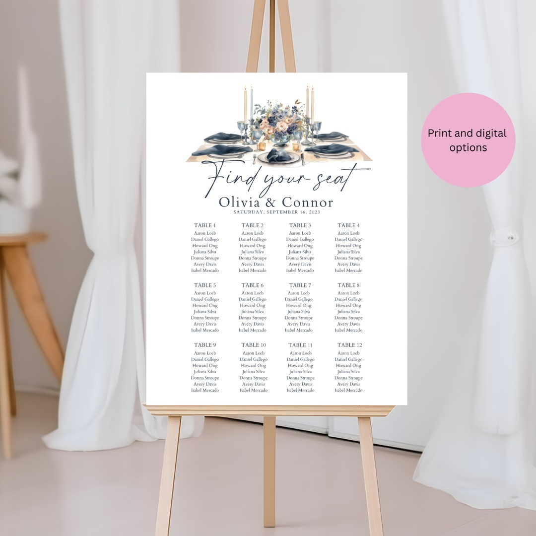 Editable Navy Blue Wedding Seating Chart Wedding Day Dinner Table Plan ...