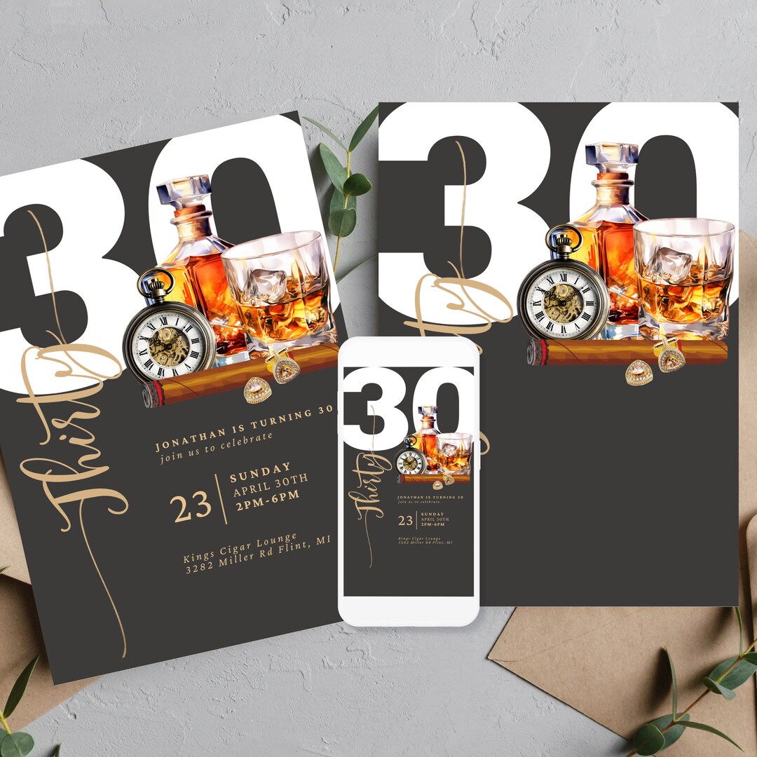 Adult Whiskey and Cigar Birthday Invitation, Editable Any Age Men's ...