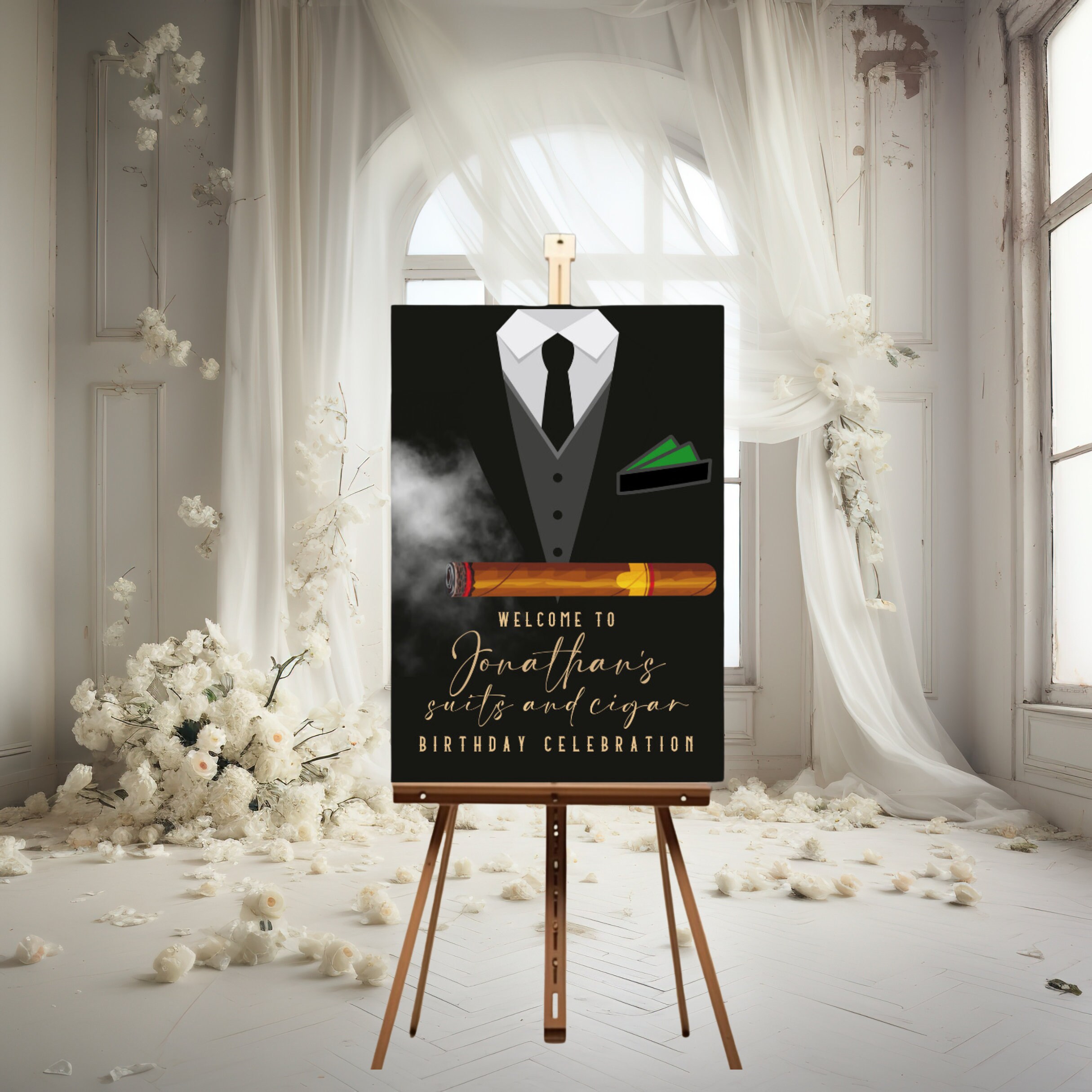 Editable Suits and Cigars Welcome Sign Template for Men's Birthday ...