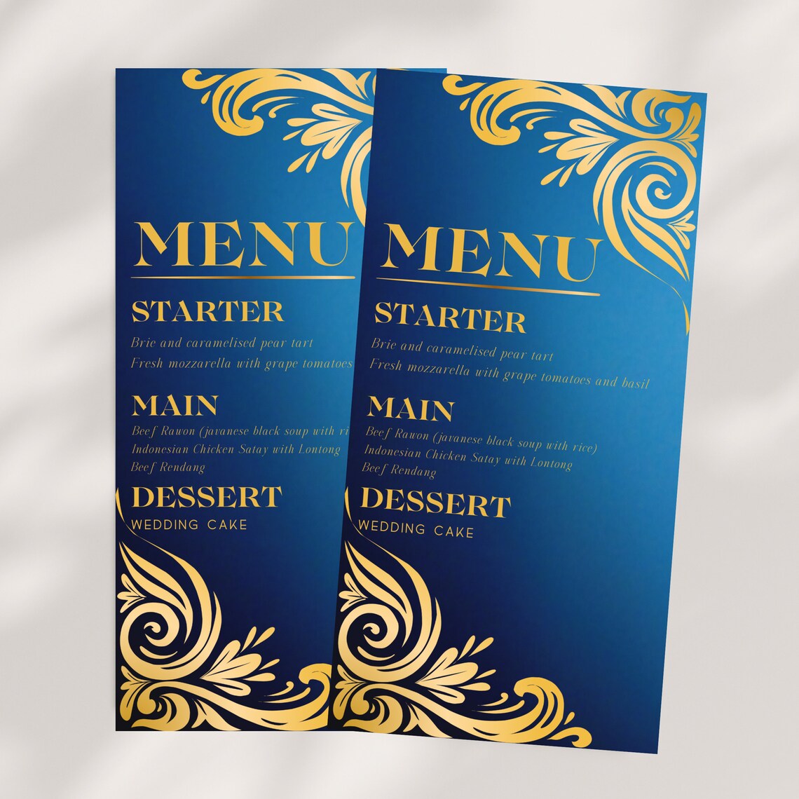 Royal Blue & Gold Wedding Menu Design | Customizable Elegant Engagement ...