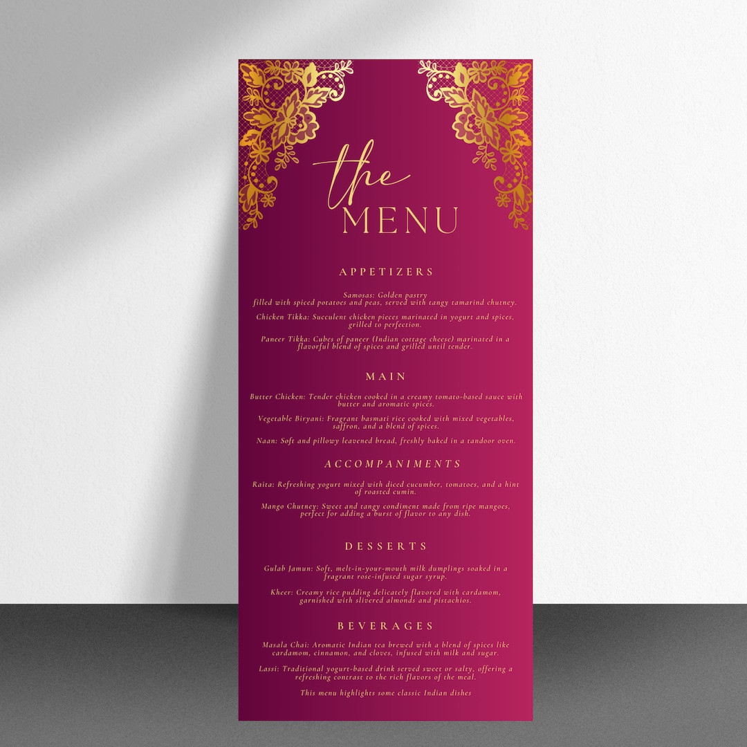 Editable Indian Wedding Dinner Menu Template - Traditional Red and Gold ...