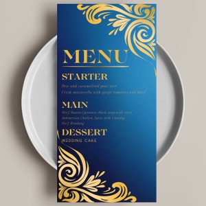 Royal Blue & Gold Wedding Menu Design | Customizable Elegant Engagement ...