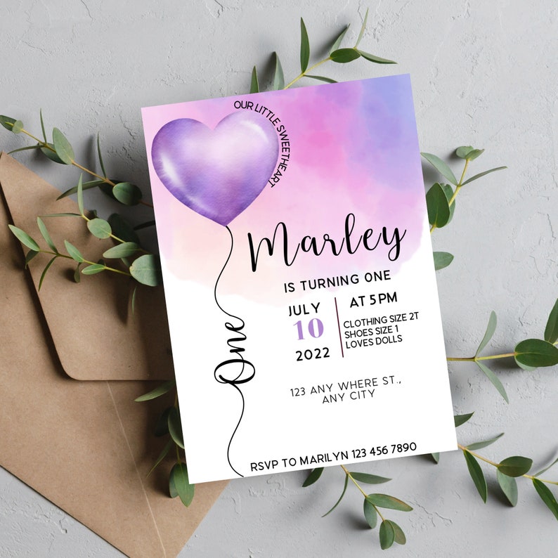 Valentine Purple Heart Birthday Invitation, First Birthday Invite ...