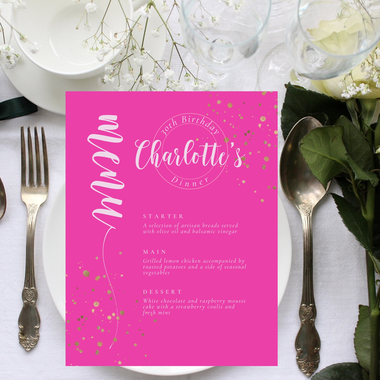 Editable Dinner Menu, Printable Birthday Party Lunch Menu, Hot Pink ...