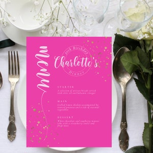 Editable Dinner Menu, Printable Birthday Party Lunch Menu, Hot Pink ...