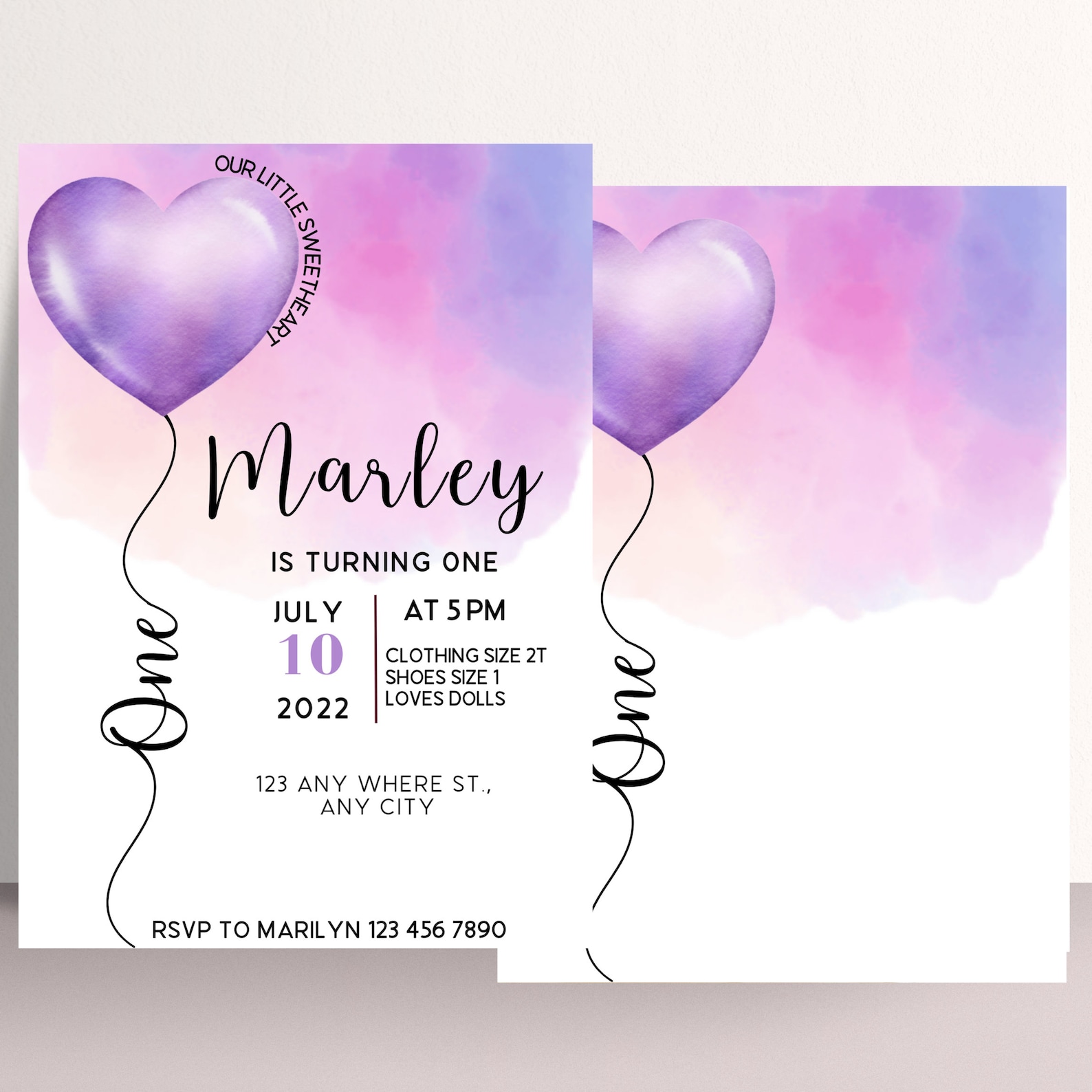 Valentine Purple Heart Birthday Invitation, First Birthday Invite ...