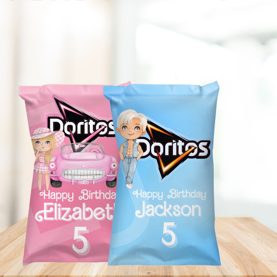 Pink and Blue Doll Theme Birthday Chip Bag Template, Editable Fashion Doll Party Favors, Custom ...
